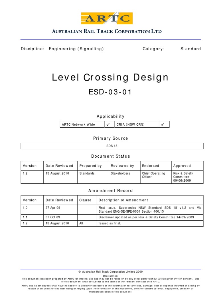 ARTC - Level Crossing Design - ESD-03-01 | PDF | Traffic | Switch