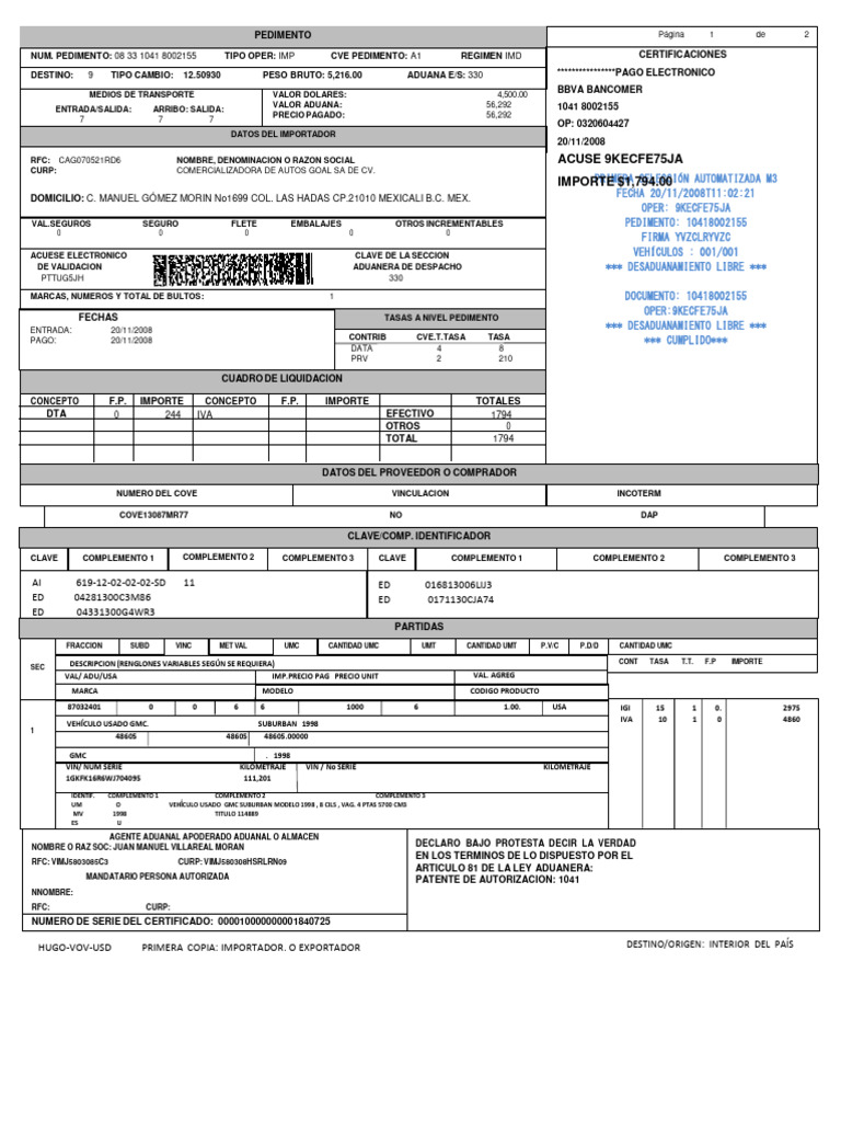 Pedimento Hoja 1 | Descargar gratis PDF | Business