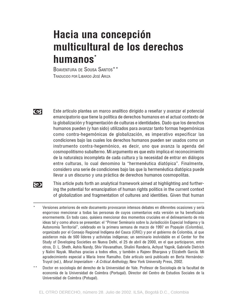 Santos, Boaventura de Sousa. 2002. Hacia una concepción multicultural de los derechos humanos ...