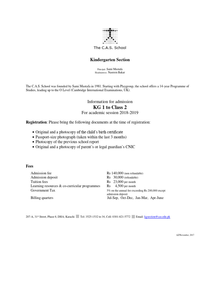 Classes KG 1 To Class 2 Information Sheet 2018 2019 | PDF