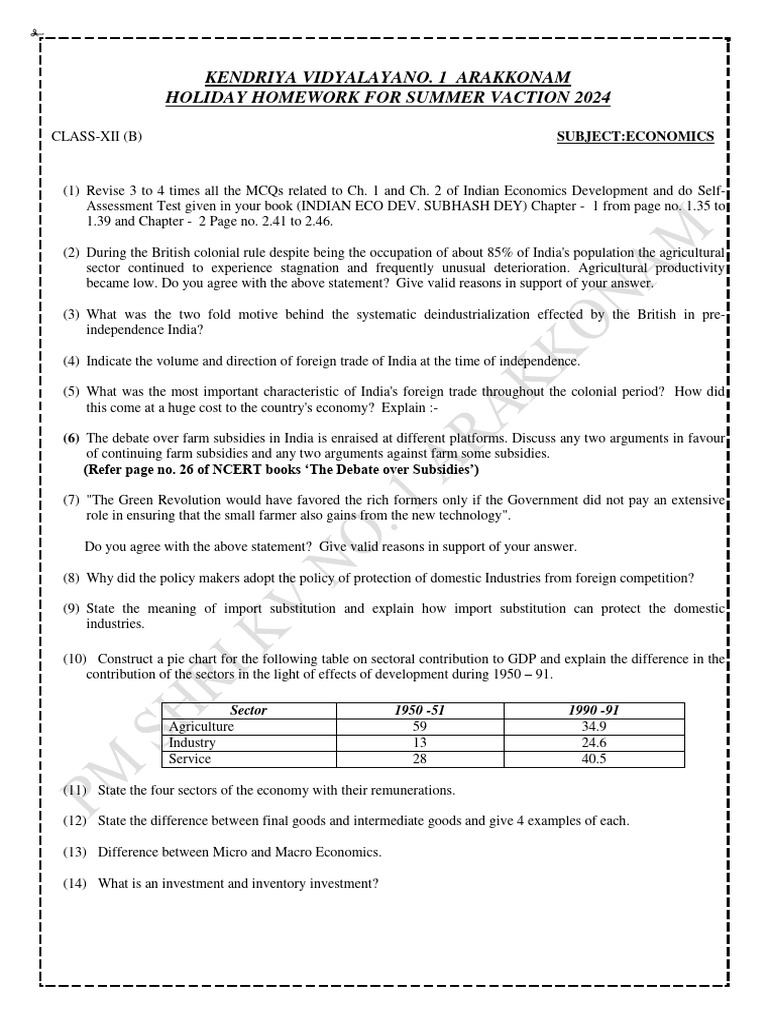 Holiday Home Work Economics Class - 12th For Summer Vacation 2024 | PDF ...