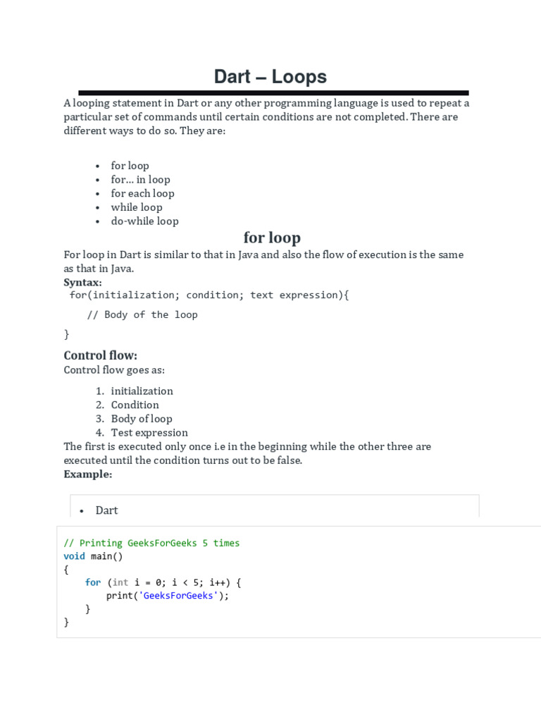 Loops in Dart | PDF | Control Flow | Software Development Loops in Dart | PDF | Control Flow | Software Development