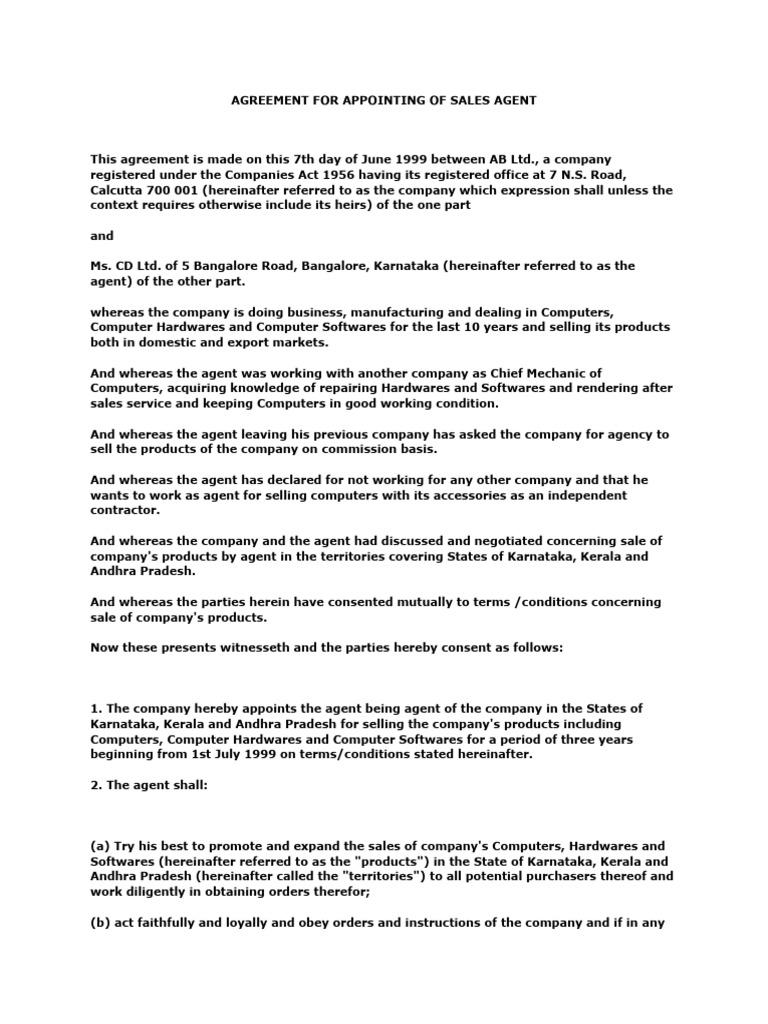 Agreement For Appointing of Sales Agent | PDF | Sales | Expense