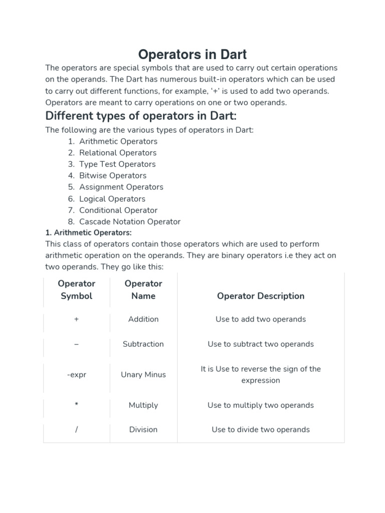 Operators In Dart Language Pdf Boolean Data Type Computer Programming