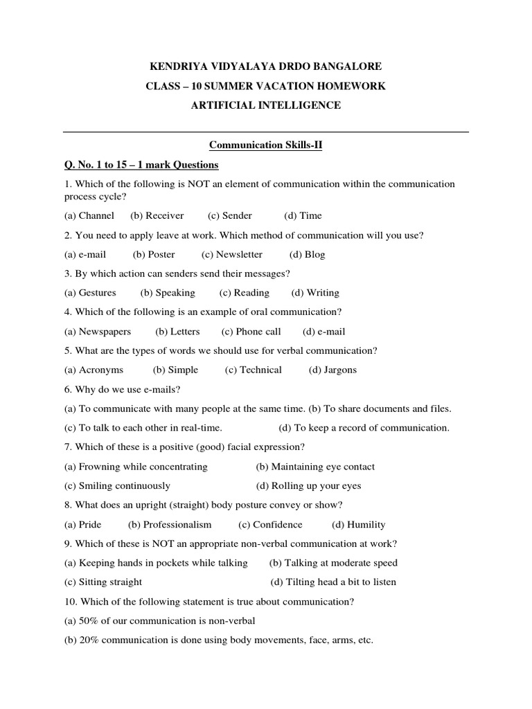 Kendriya Vidyalaya Drdo Bangalore Class - 10 Summer Vacation Homework Artificial Intelligence ...