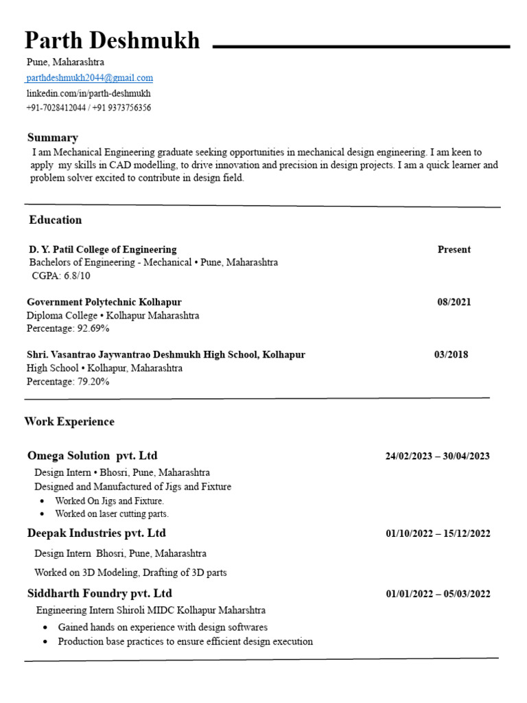 Parth Deshmukh Resume | PDF | Solar Power | Solar Energy