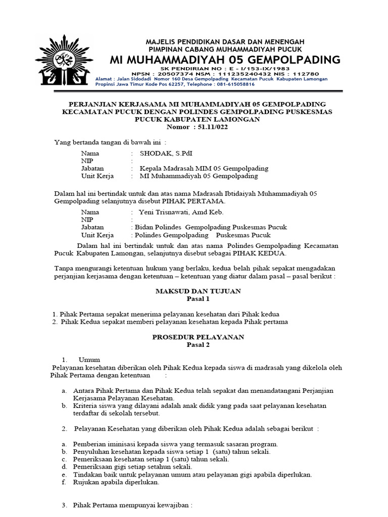Surat Mou Kerjasama Sekolah Dengan Polindes | PDF
