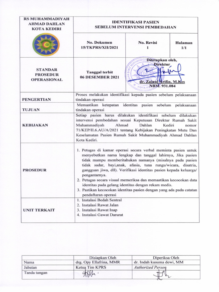 Identifikasi Pasien Sebelumnya Intervensi Pembedahan | PDF