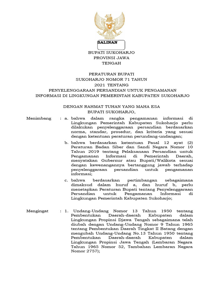 Peraturan Persandian Sukoharjo 2021 | PDF