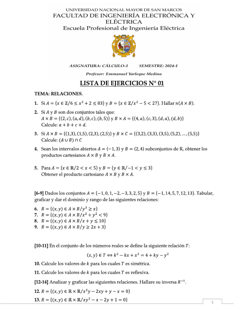 Calculo 1 Lista de Ejercicios 01 | PDF