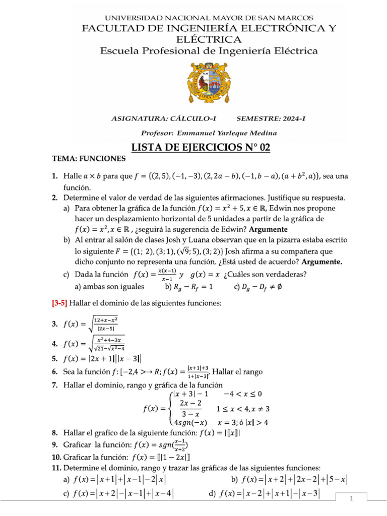 Calculo 1 Lista de Ejercicios 02 | PDF