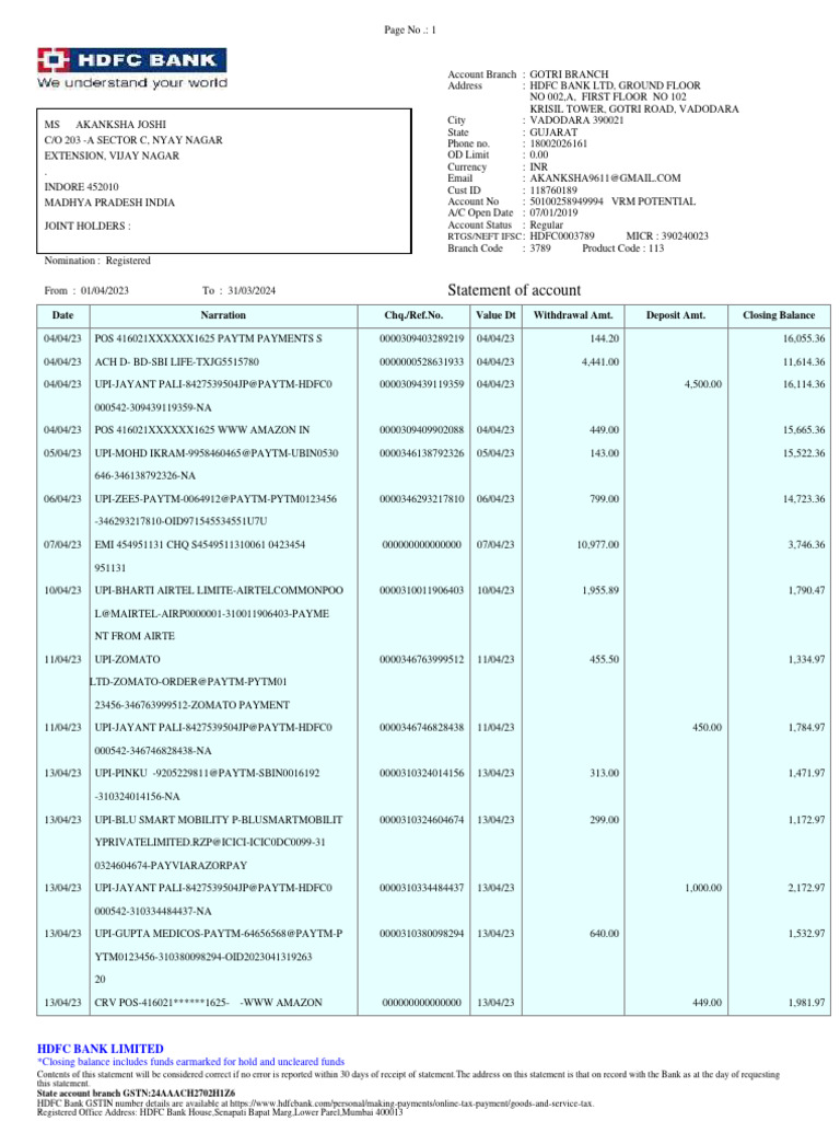 Acct Statement - XX9499 - 26052024 | PDF | Banking Technology | Payments