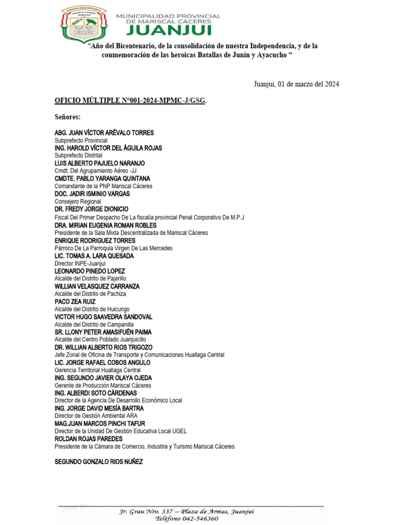 Oficio Multiple N°001-2024-Invitacion A Alcaldes Distritales para El 14 ...