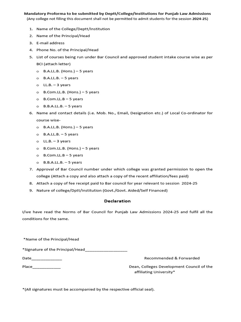 Punjab Law Admissions Proforma 2024-25 | PDF