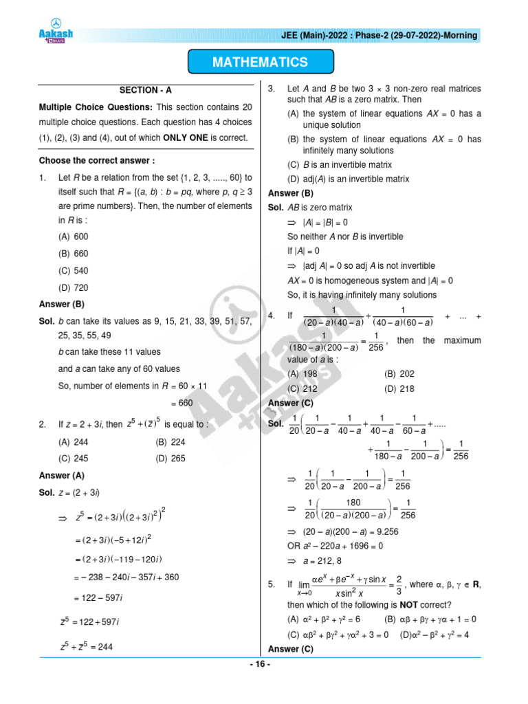 JEE Main 2022 Mathematics Phase-2 Solutions | PDF | Matrix (Mathematics ...