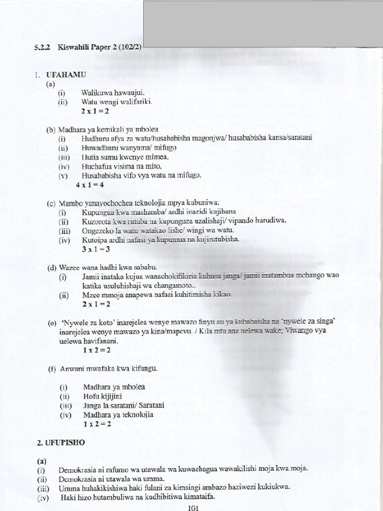 2019 Kcse Knec Kiswahili Paper 2 Marking Scheme | PDF