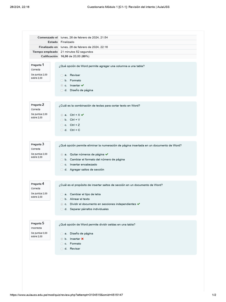 Cuestionario Módulo 1 (C1-1) - Revisión Del Intento - AulaUSS | PDF | Informática
