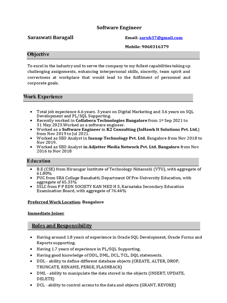 SQL_Developer_and_PLSQL_Support_Engineer | Download Free PDF | Pl/Sql | Sql