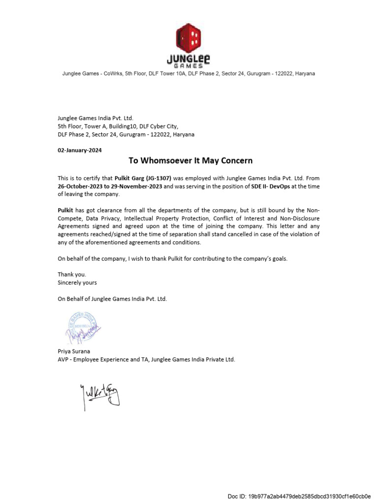 FNF Statement Experience Letter - Pulkit Garg | PDF | Tax Deduction ...