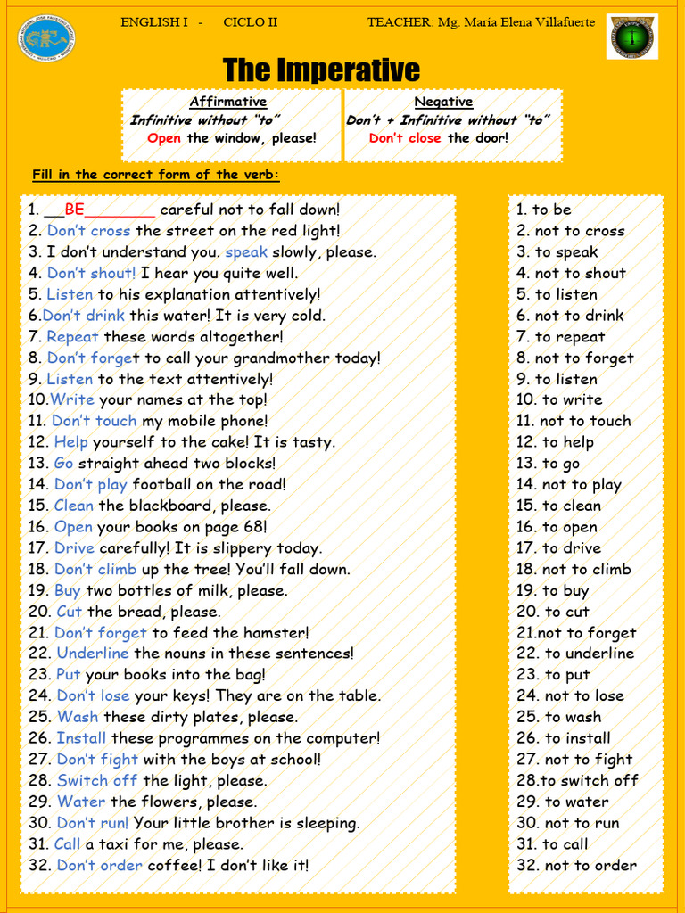 Imperative Verb Exercises for English I | PDF | Language Mechanics ...