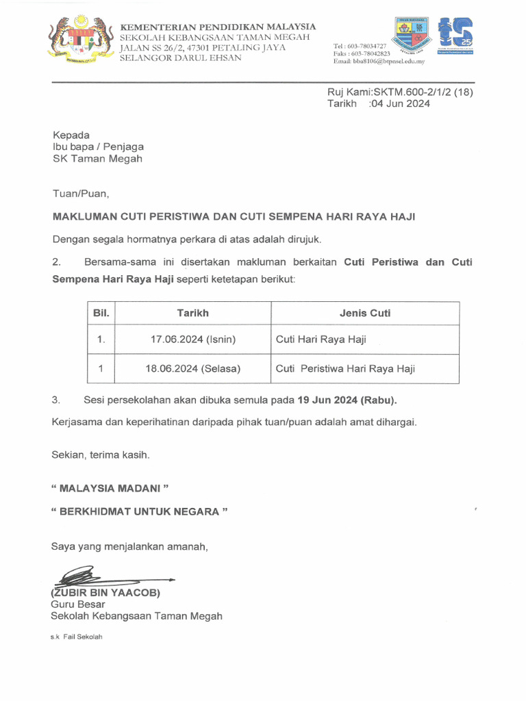 Makluman Cuti Hari Raya Haji | PDF