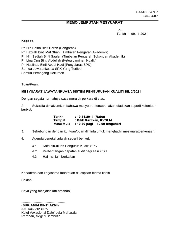 Memo Mesyuarat - 2021 | PDF