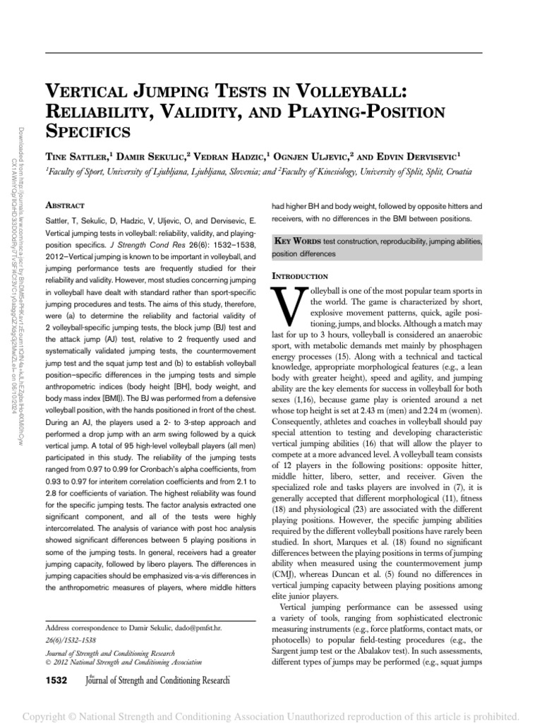 Vertical Jumping Tests in Volleyball Reliability,.11 | Download Free ...
