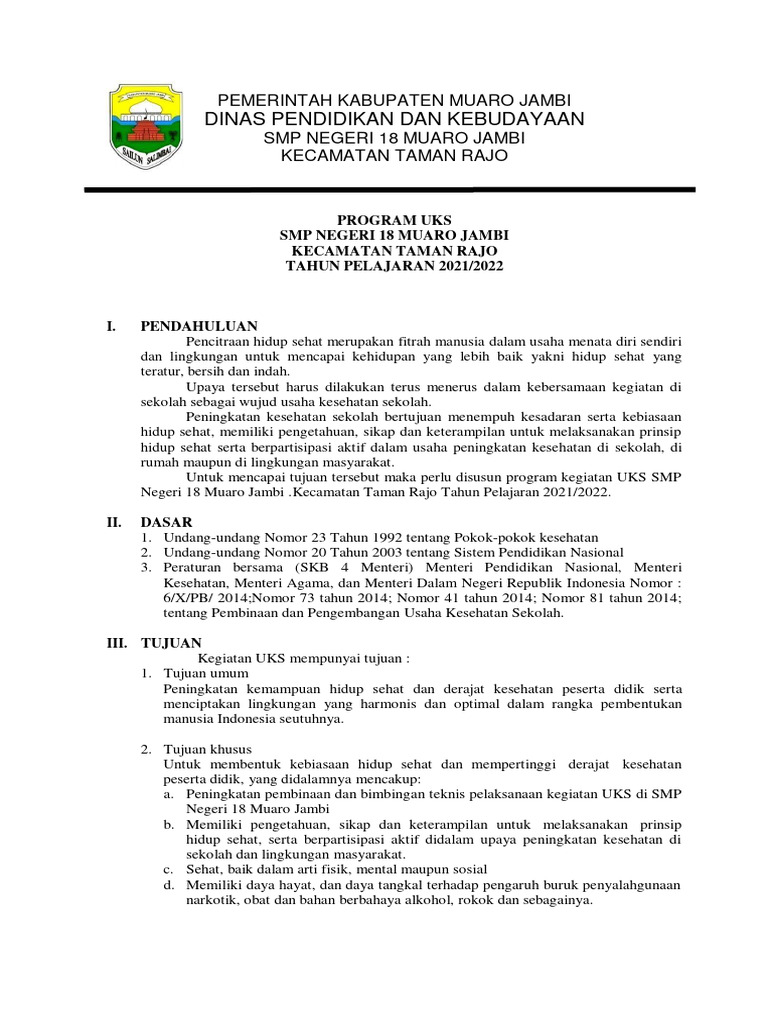 PROGRAM KERJA UKS SMPN 18 Tahun 2021-2023 | PDF