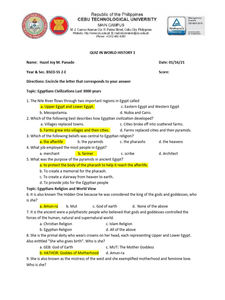Ancient Egyptian Civilization Quiz | PDF | Babylon | Nebuchadnezzar Ii