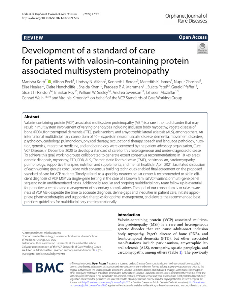 Development of A Standard of Care For Patients With Valosin-Containing ...