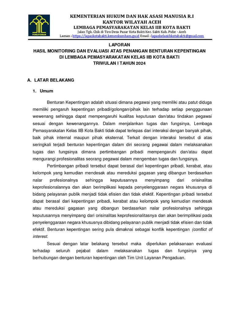 Laporan hasil evaluasi atas Penanganan Benturan Kepentingan (Triwulan I Tahun 2024) | PDF