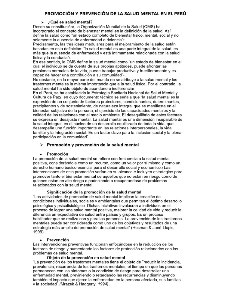Separata Promoción y Prevención de La Salud Mental en El Perú PDF | PDF | Salud mental | Mente