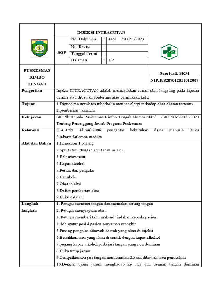 Prosedur Injeksi Intracutan di Puskesmas | PDF