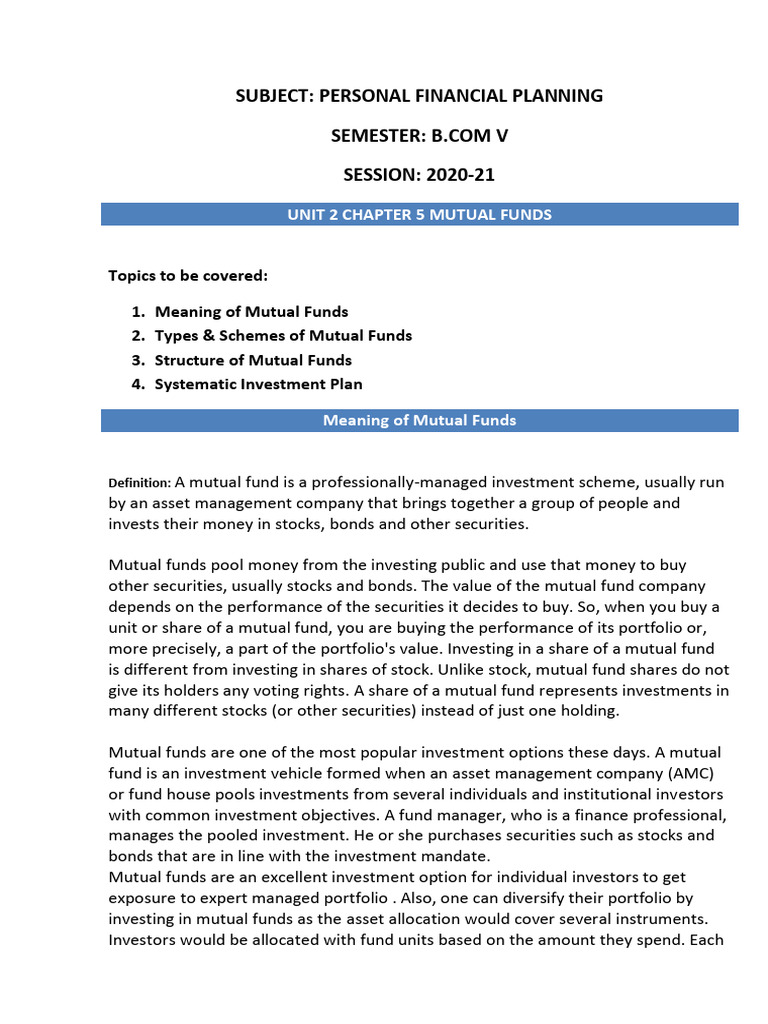 UNIT 2 CHAPTER 5 | PDF | Investment Fund | Mutual Funds