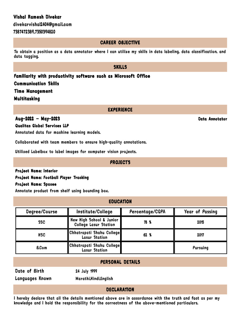 Data Annotator Resume: Vishal Divekar | PDF