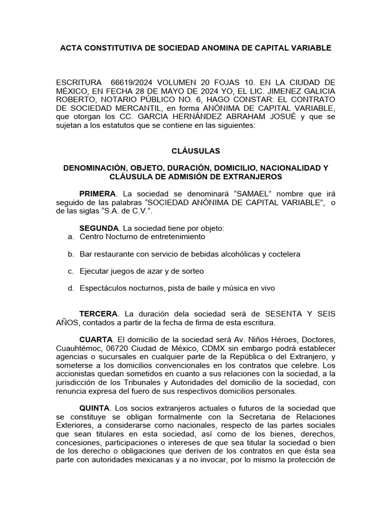 Acta Constitutiva de Sociedad Anomina de Capital Variable | PDF | Sociedad de responsabilidad ...