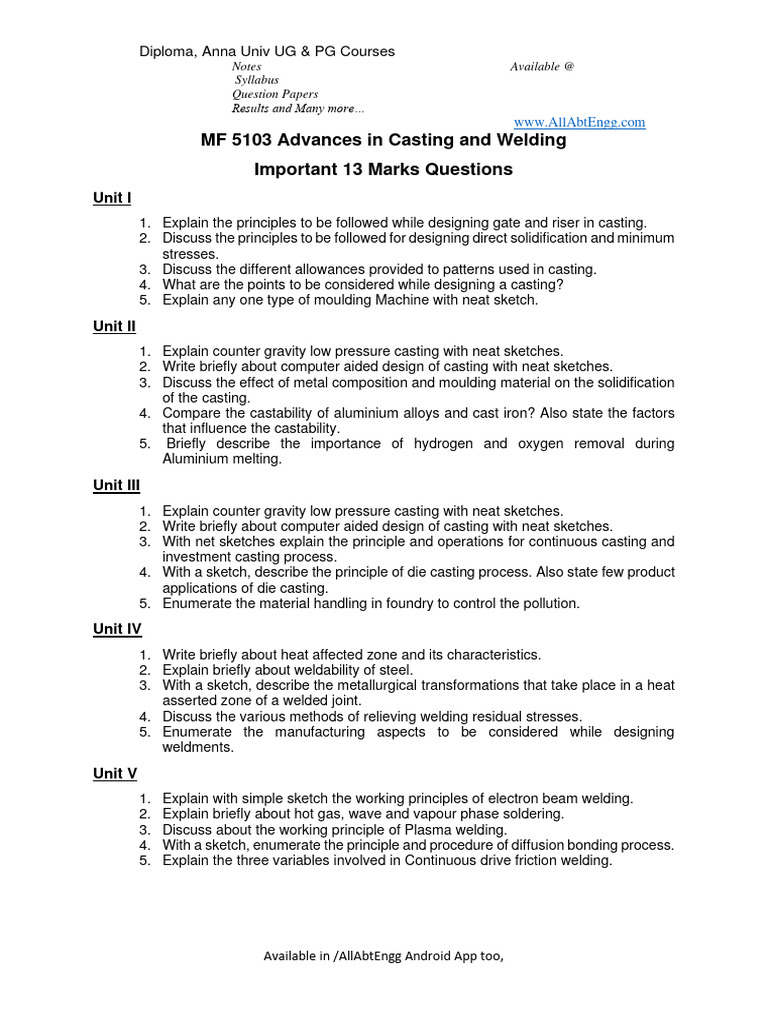 Anna University Casting & Welding Notes | PDF | Construction | Welding
