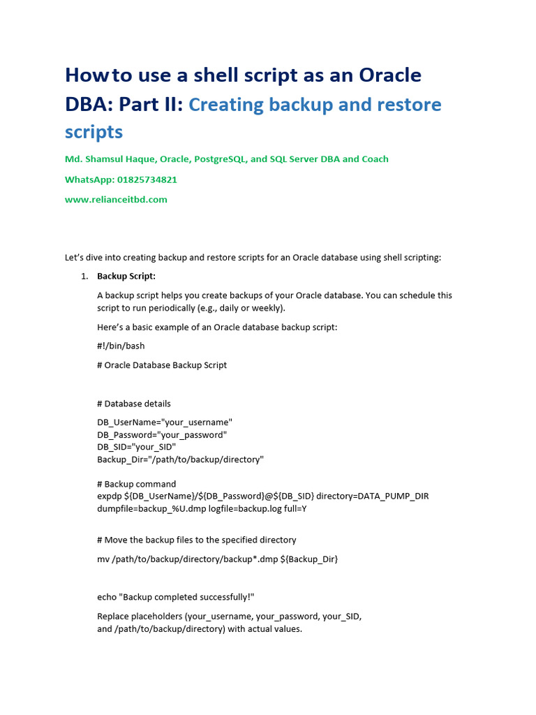 How To Use A Shell Script As An Oracle Dba Part 2 Pdf Databases Backup