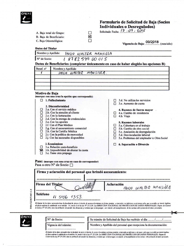 Baja Omint Hugo Walter Mansilla | PDF