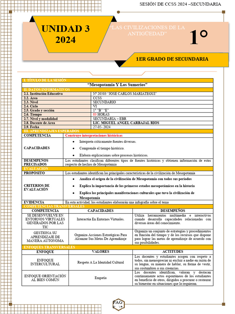 1º Sesiones Sem 2 Uni 3 - CCSS 2024 | PDF | Mesopotamia | Enseñando