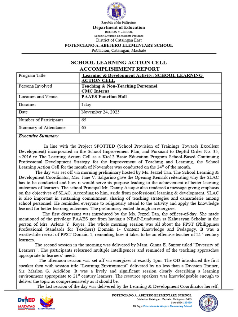 SLAC completion report | Download Free PDF | Learning | Teachers