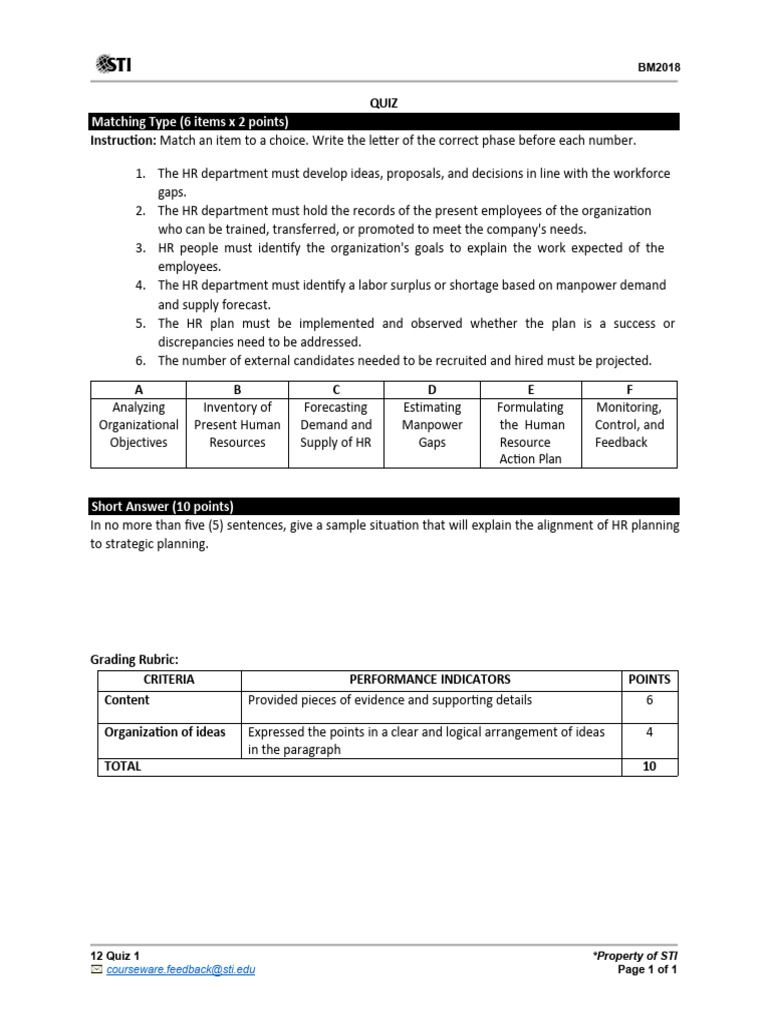 HR Planning Quiz and Guidelines | PDF