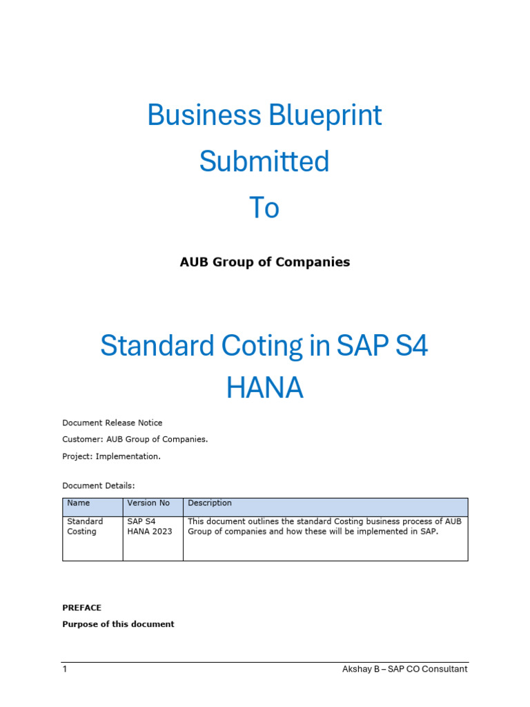 Business Blueprint AUB Group - SAP Controlling - Standard Costing | PDF ...