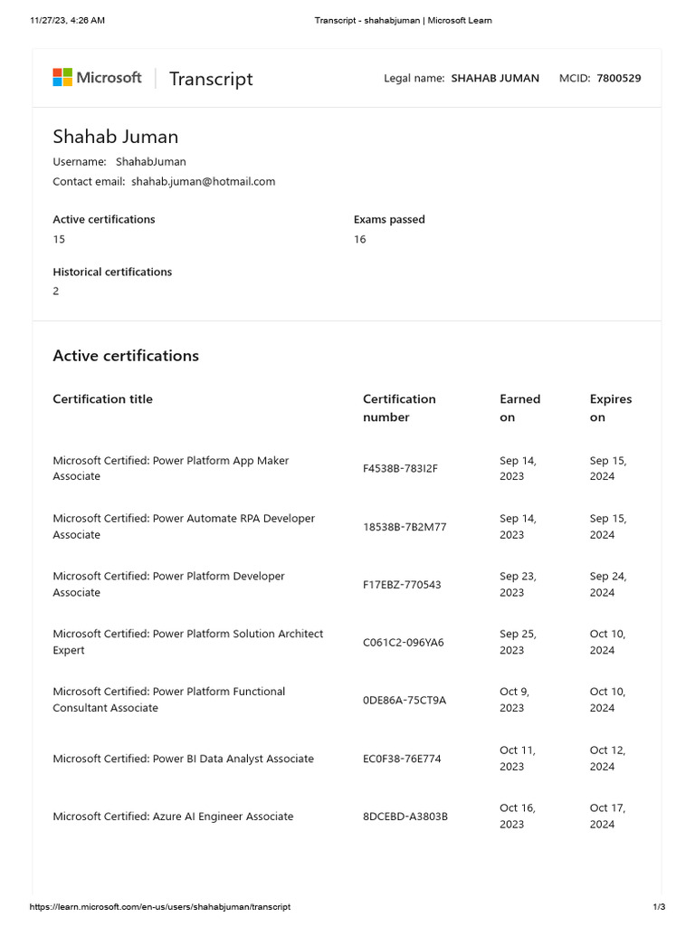 Shahab Juman - MCP Transcript | PDF | Share Point | Computer Science