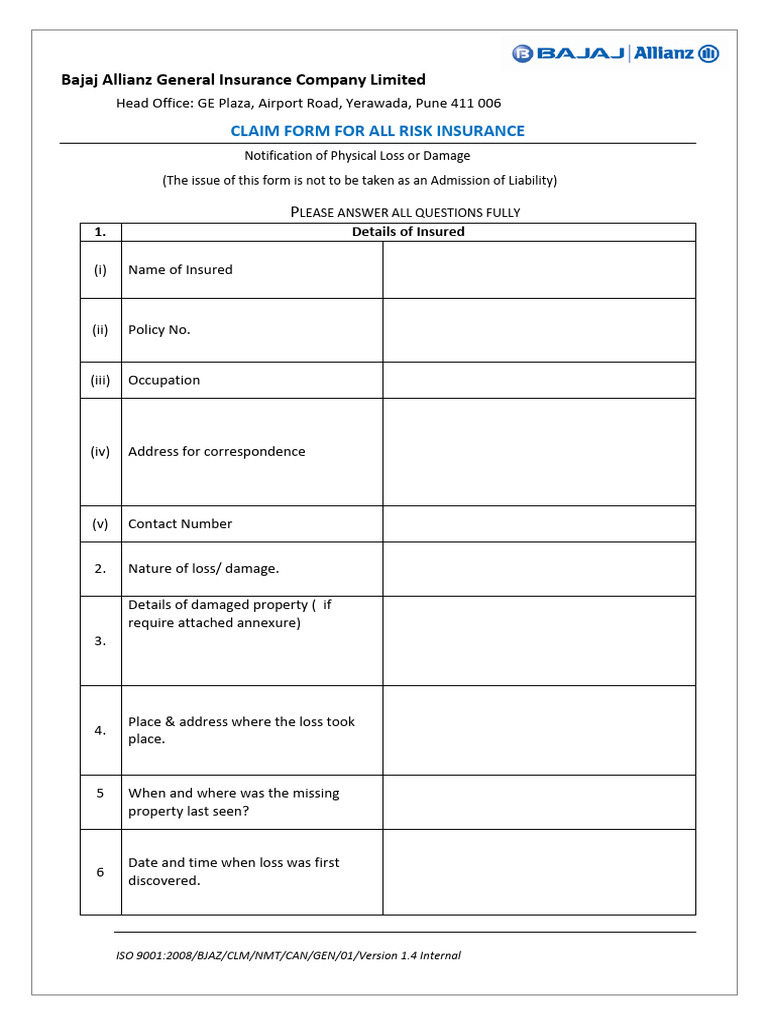 Bajaj Allianz All Risk Claim Form | PDF | Insurance | Private Law