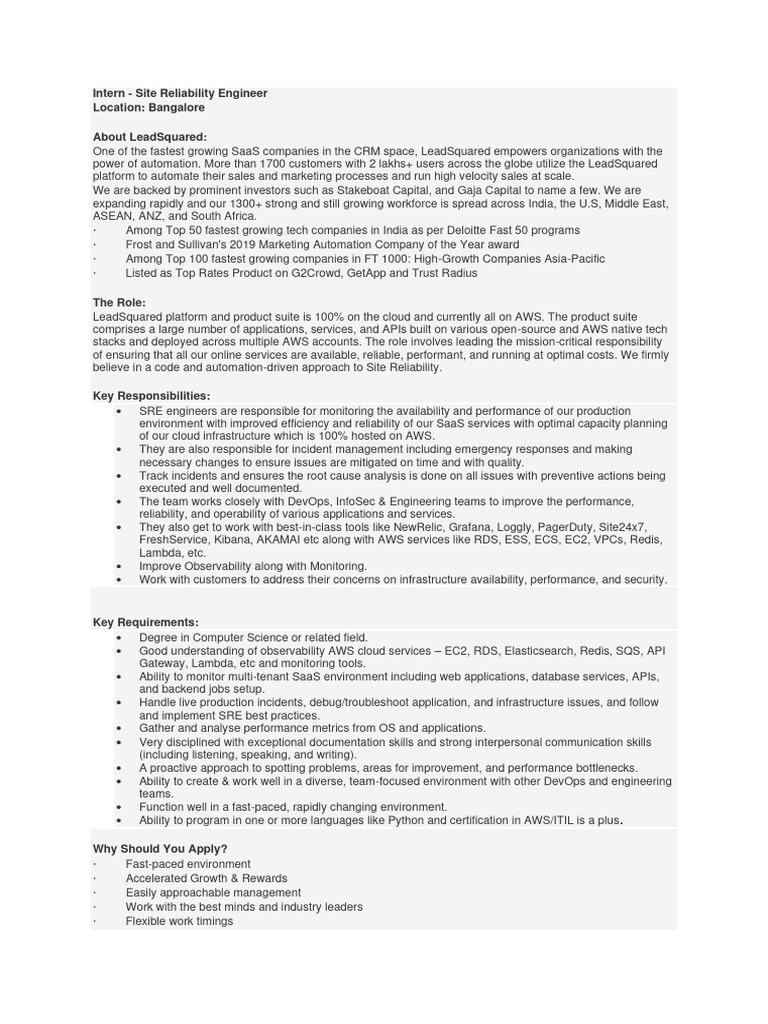 JD Intern - SRE | PDF | Cloud Computing | Amazon Web Services