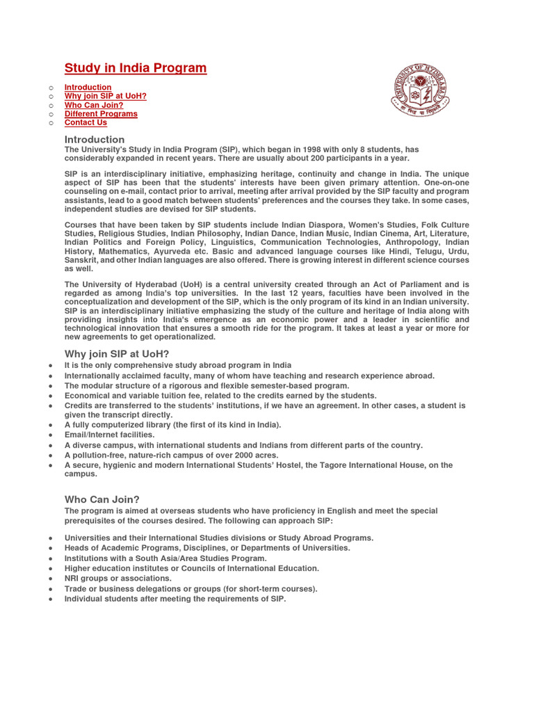 Study in India Program UoH Brief Note | PDF | University | Urdu