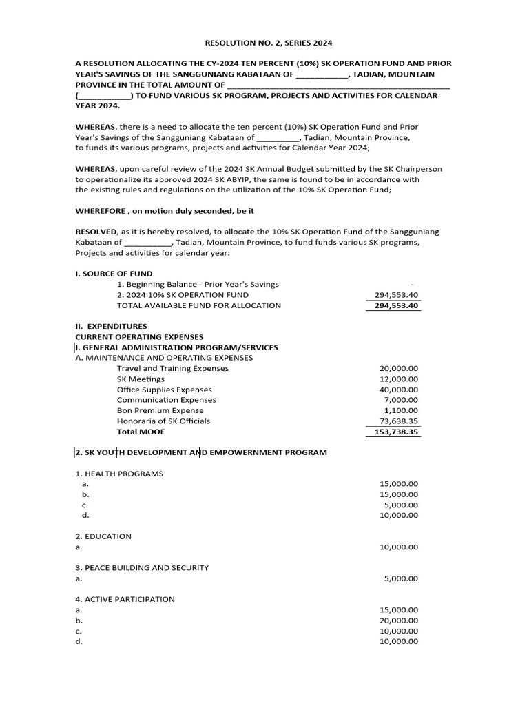 Sample SK Annual Budget 2024 | PDF | Expense | Budget