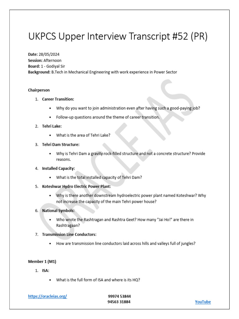 Upper PCS UKPSC Interview Transcript - 52 | PDF | Hydroelectricity | Dam