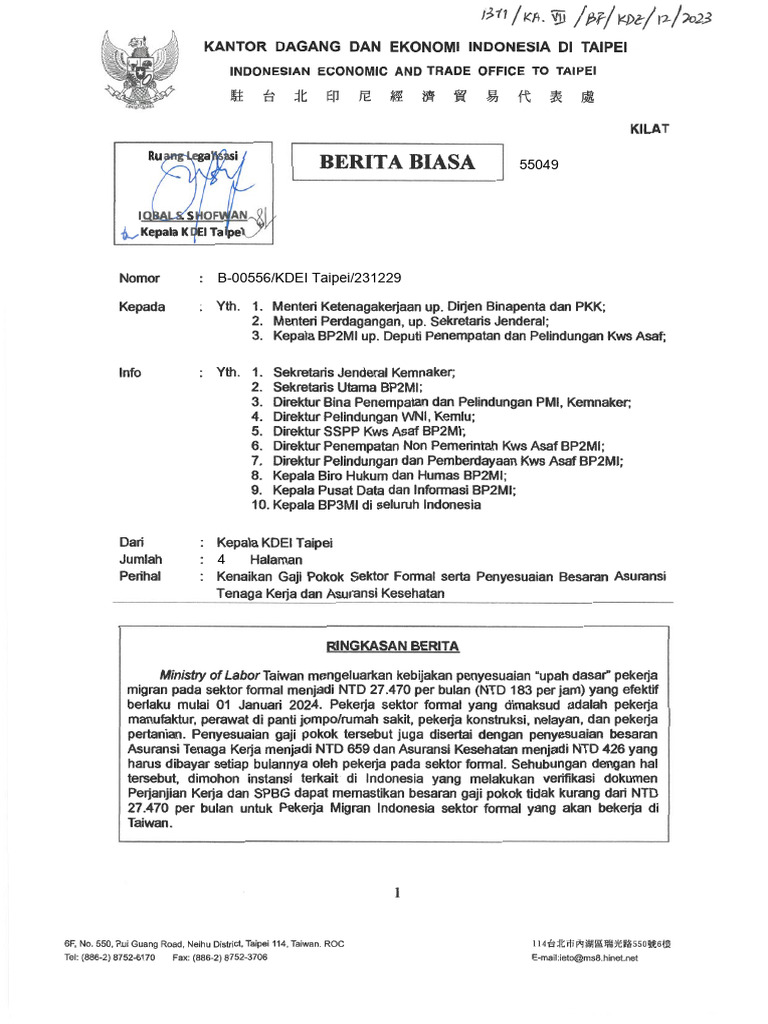 BBM TAIPEI - Kenaikan Gaji Pokok Sektor Formal Serta Penyesuaian ...